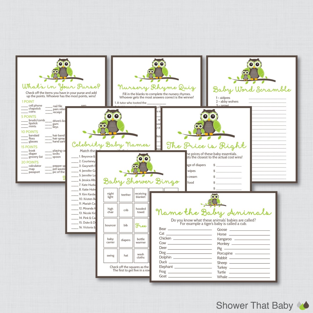 Owl Baby Shower Games Package in Green and Brown - Seven Printable Owl ...