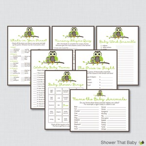 Owl Baby Shower Games Package in Green and Brown - Seven Printable Owl ...