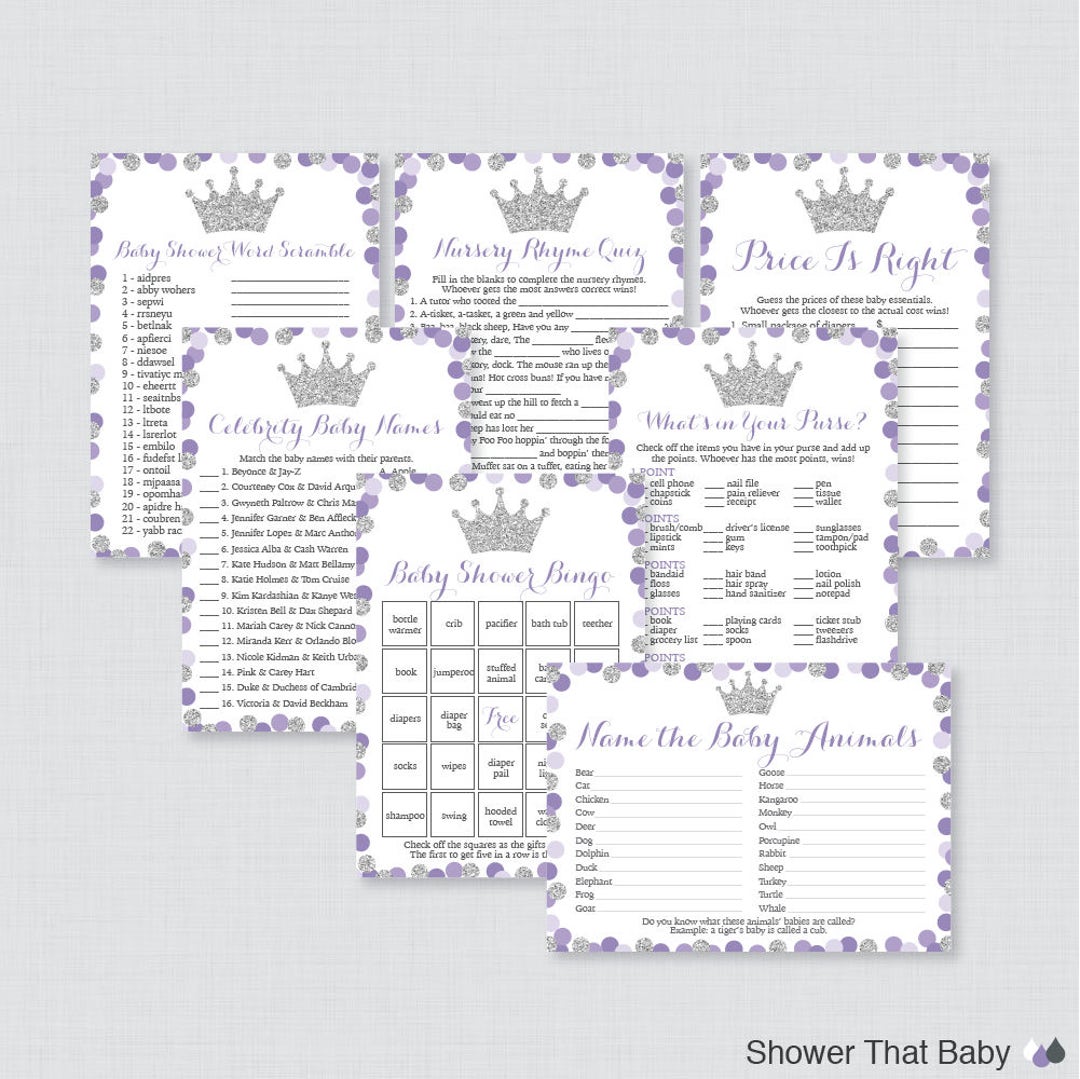 Purple Princess Baby Shower Games Package - Seven Printable Games ...