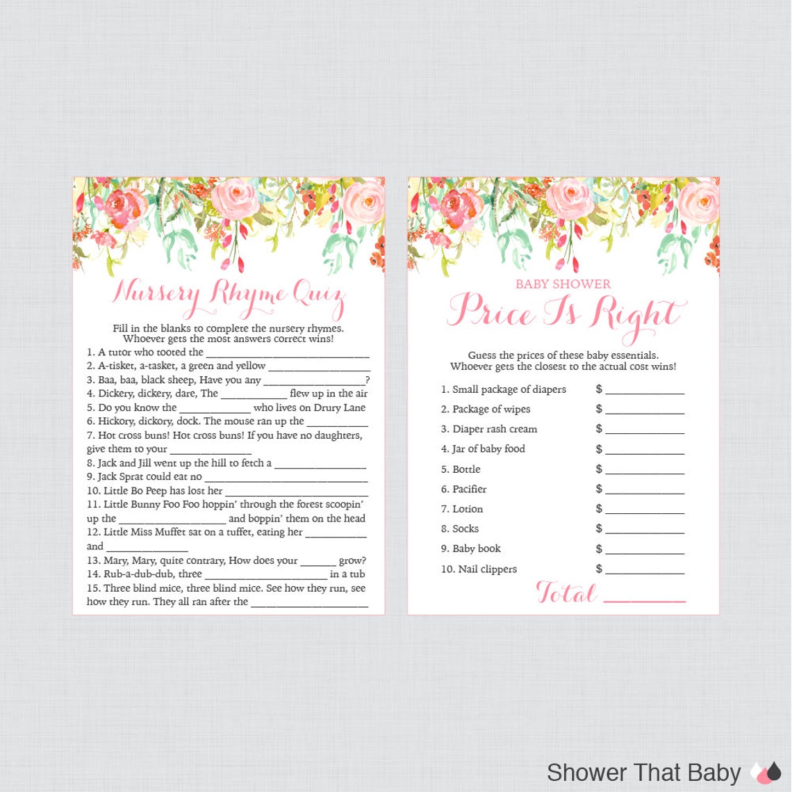 Floral Baby Shower Games Package Seven Printable Games: - Etsy