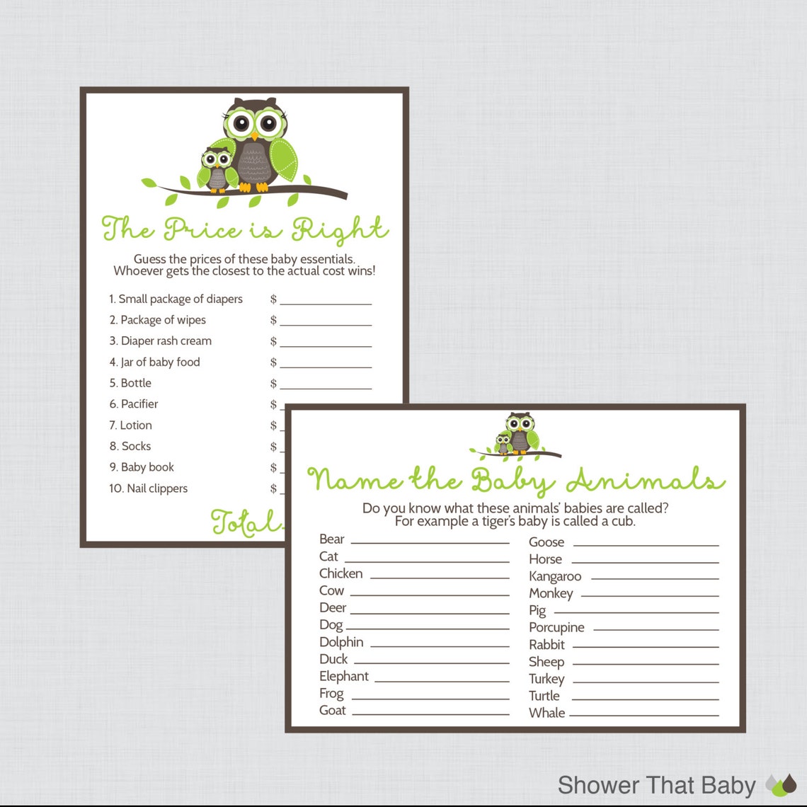 Owl Baby Shower Games Package in Green and Brown Seven - Etsy
