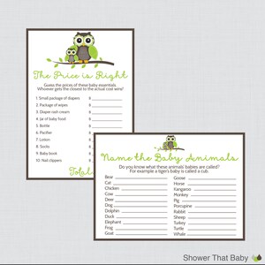 Owl Baby Shower Games Package in Green and Brown - Seven Printable Owl ...