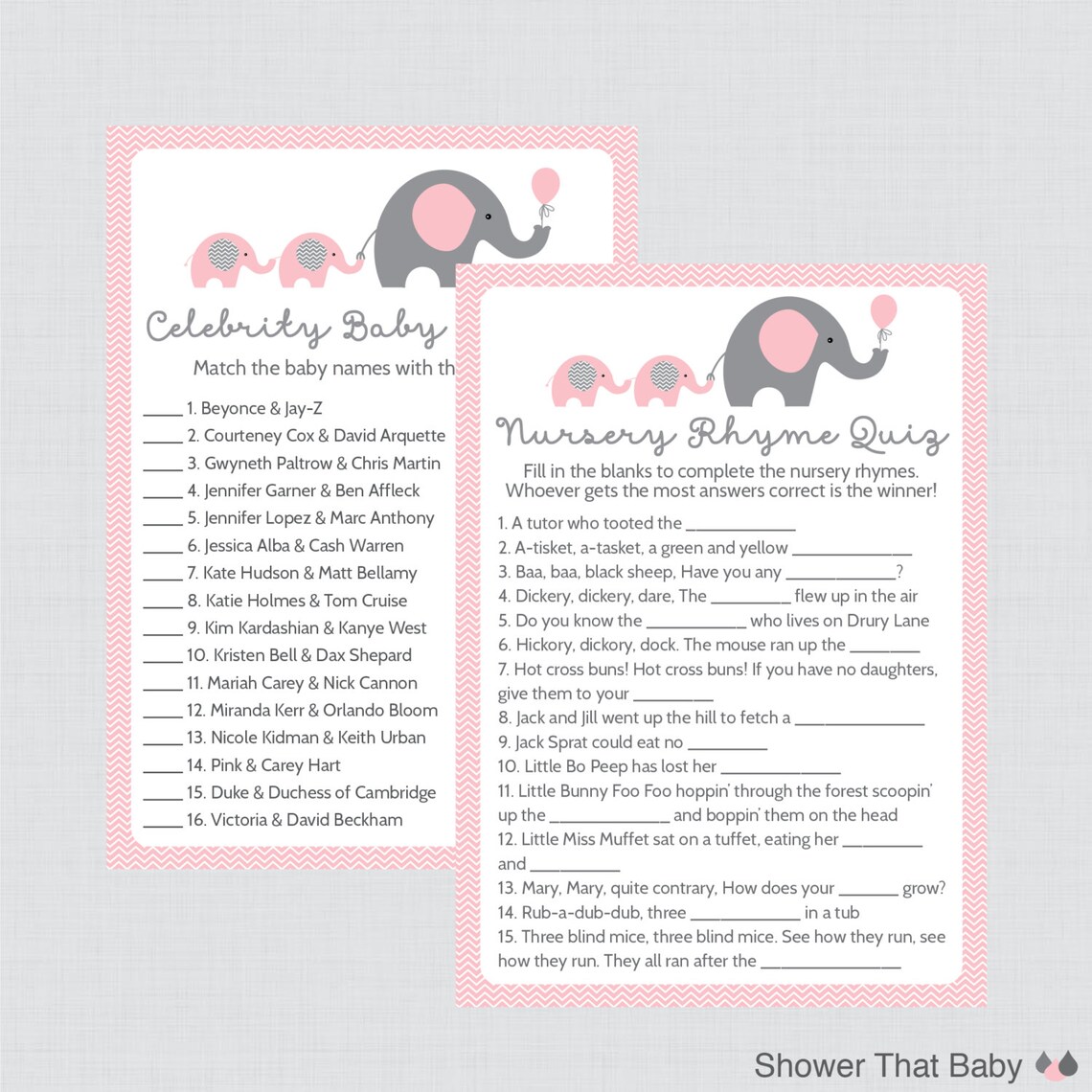 Elephant Twins Baby Shower Games Package in Pink and Gray | Etsy