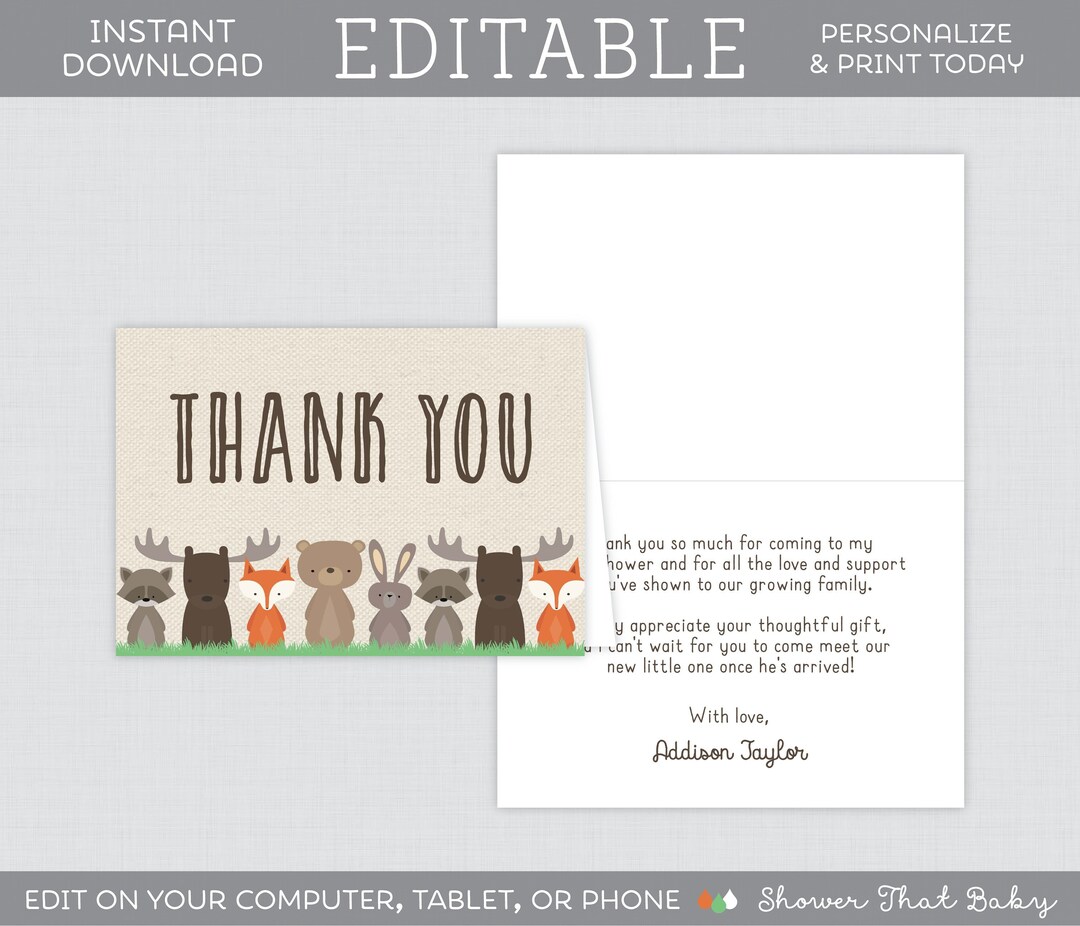 EDITABLE Woodland Thank You Cards - Printable Folded Thank You Card ...