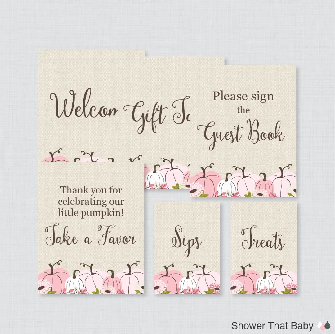 Printable Pink Pumpkin Baby Shower Table Signs - SIX Signs! Welcome ...