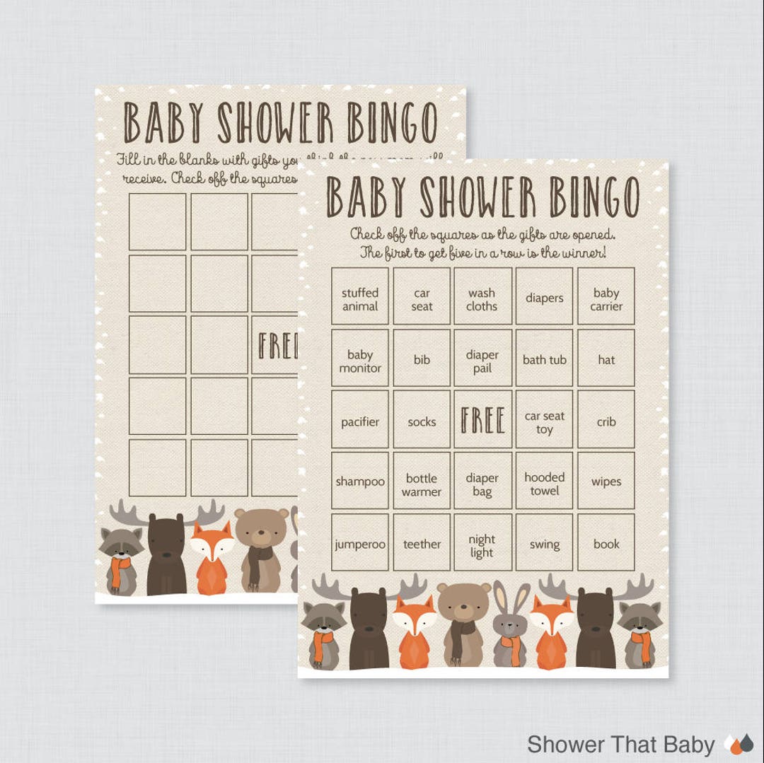 Winter Woodland Animal Baby Shower Bingo Cards - Printable Blank Bingo ...