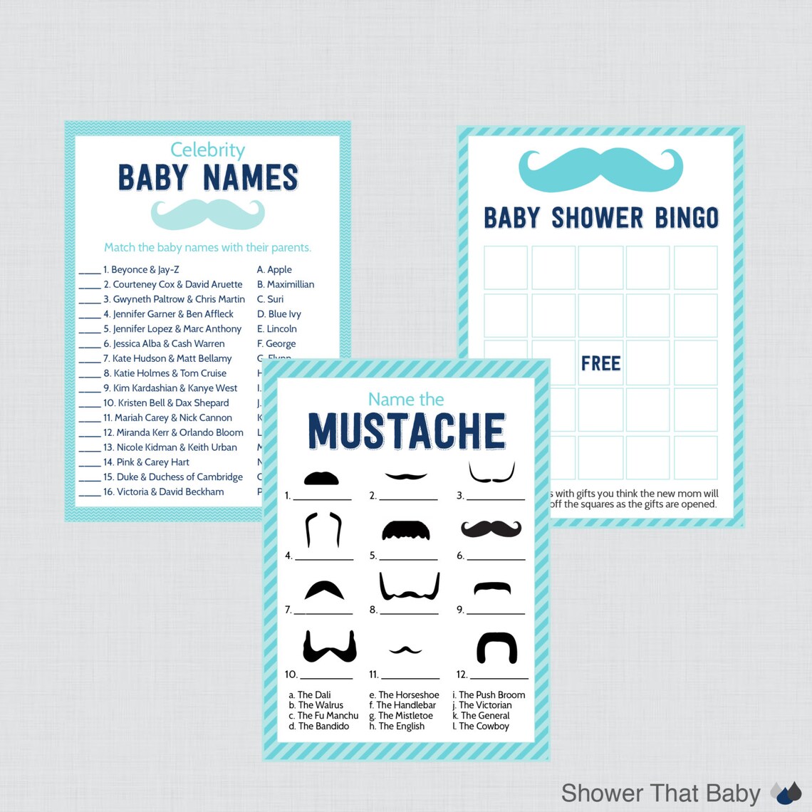 Mustache Baby Shower Games Package With Eight Printable Games - Little ...