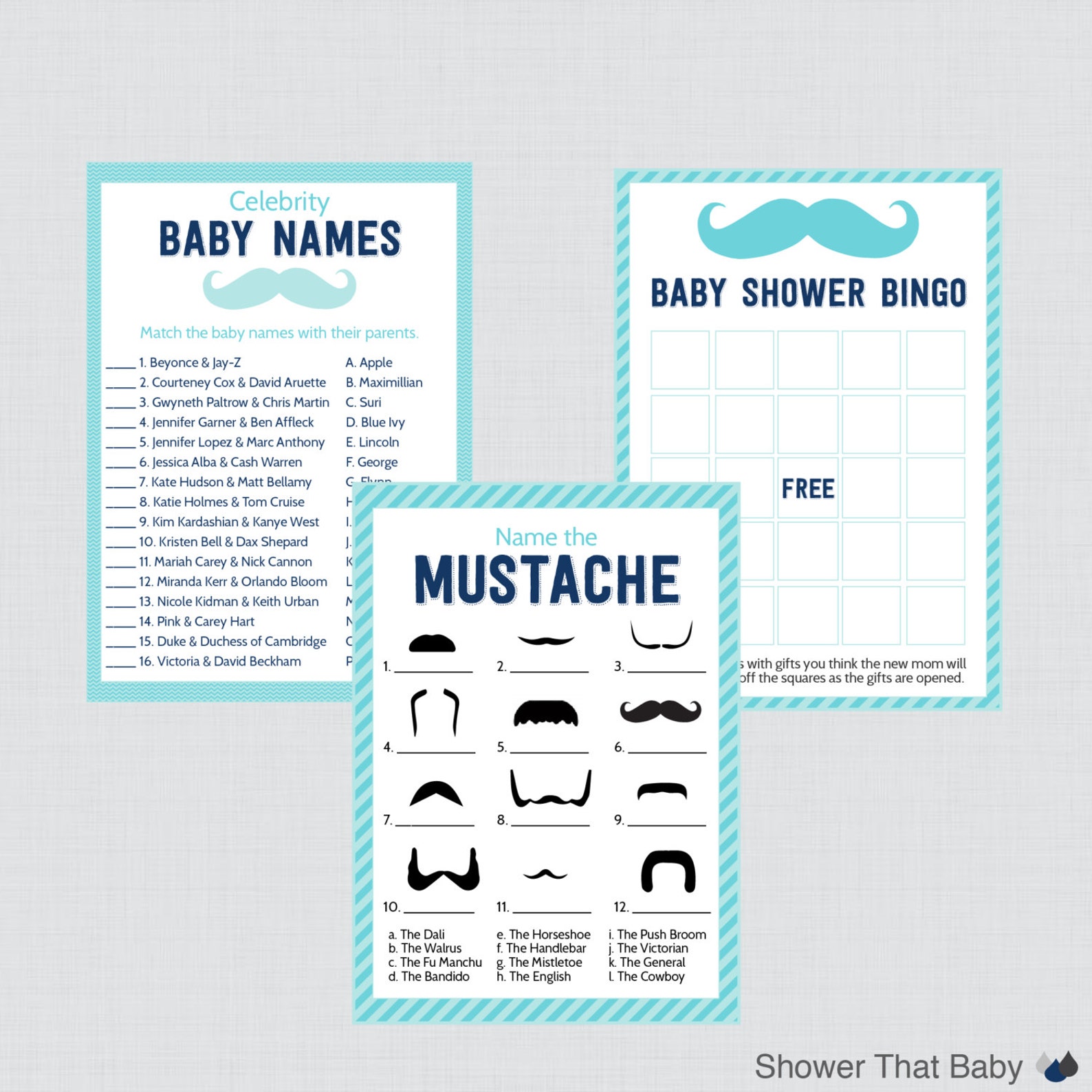 Mustache Baby Shower Games Package With Eight Printable Games - Little ...
