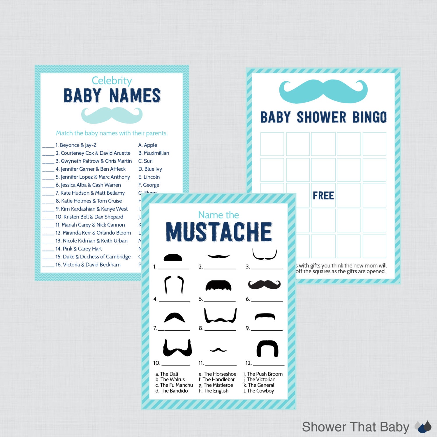 Mustache Baby Shower Games Package With Eight Printable Games | Etsy