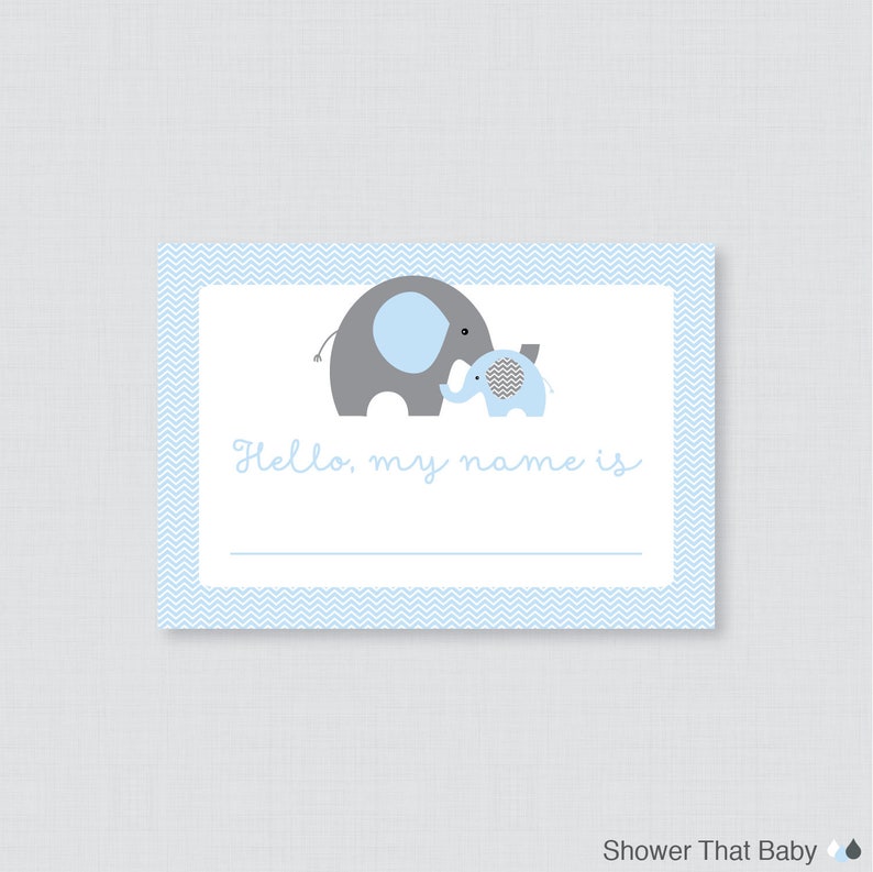 Printable Elephant Name Tag Stickers - Blue Elephant Themed Baby Shower ...