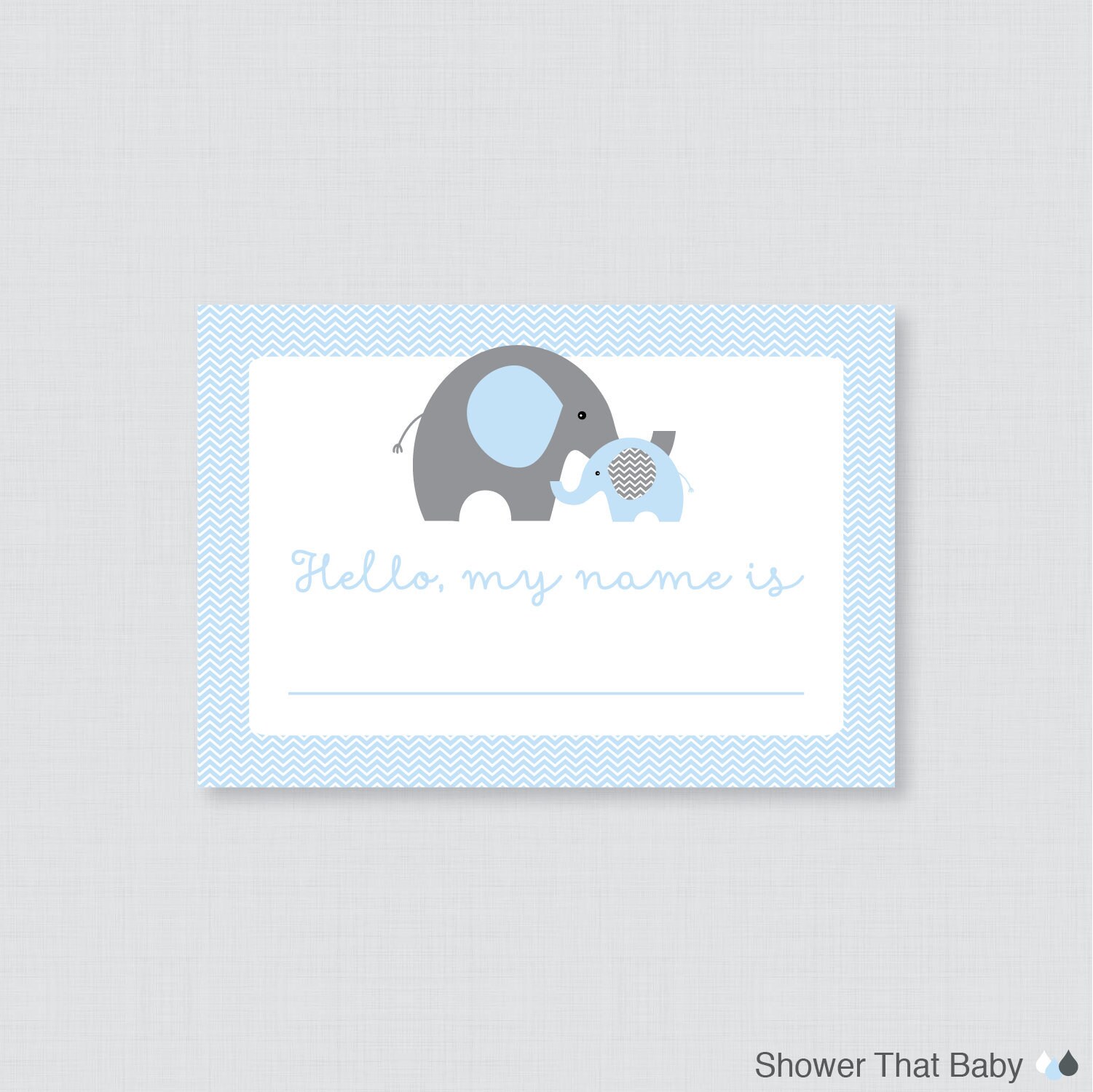 Printable Elephant Name Tag Stickers - Blue Elephant Themed Baby Shower ...