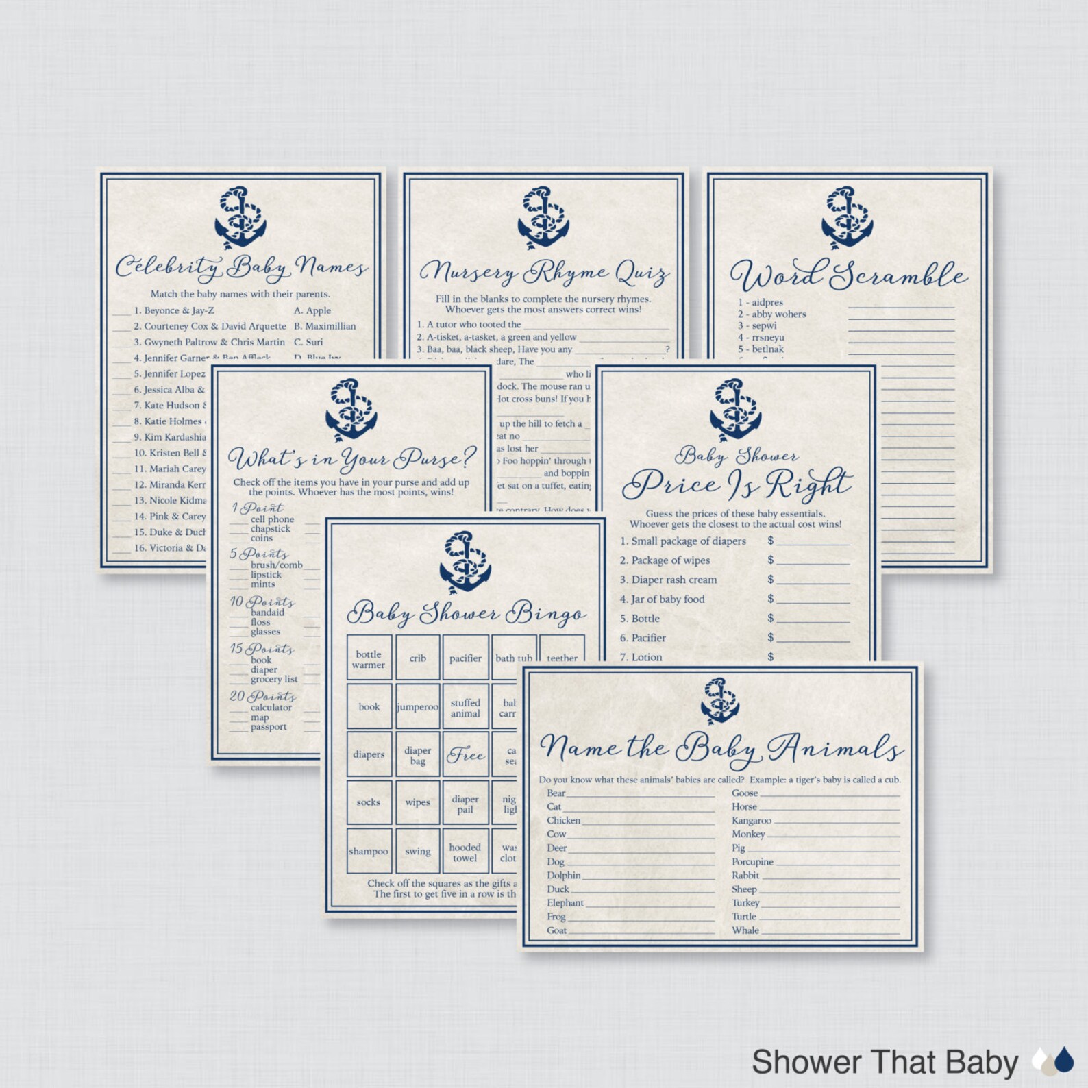 Nautical Baby Shower Games Package Seven Printable Games: - Etsy