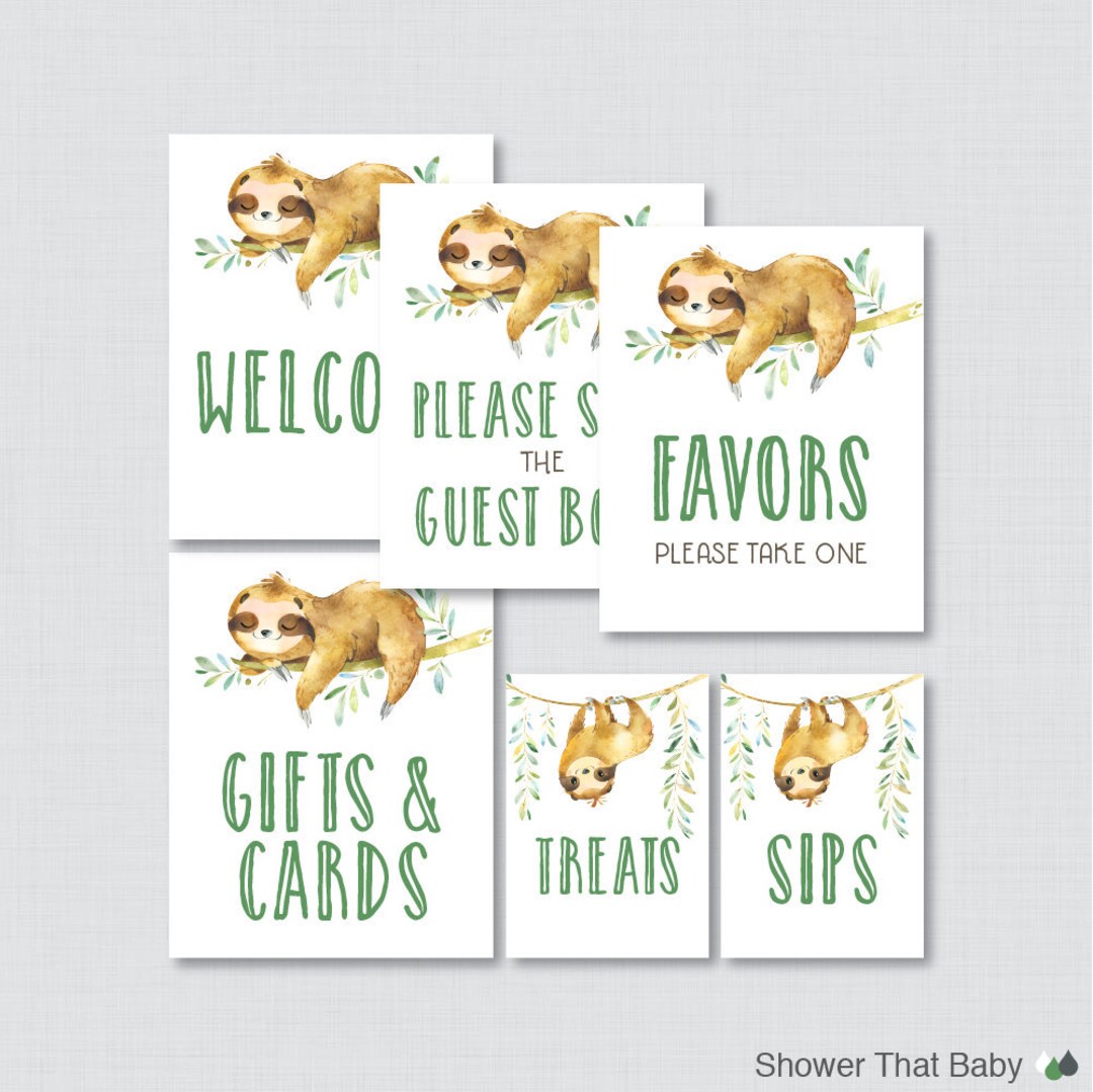 Printable Sloth Themed Baby Shower Table Signs - SIX Signs! Welcome ...