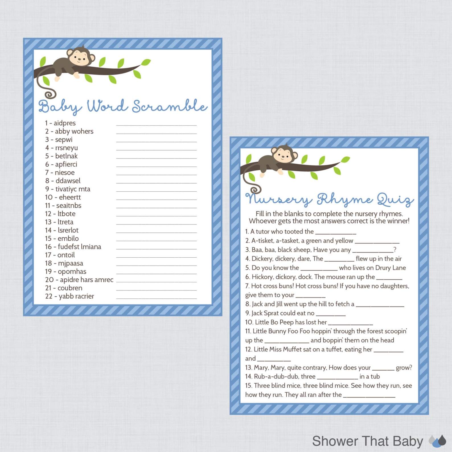 Monkey Baby Shower Games Package in Blue - Seven Printable Monkey Games ...