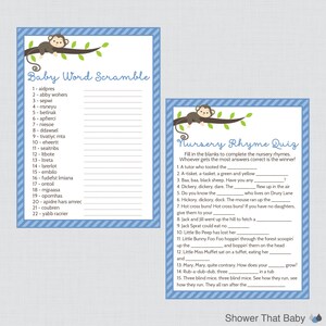 Monkey Baby Shower Games Package in Blue - Seven Printable Monkey Games ...