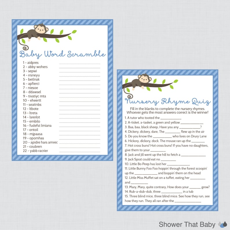 Monkey Baby Shower Games Package in Blue - Seven Printable Monkey Games ...