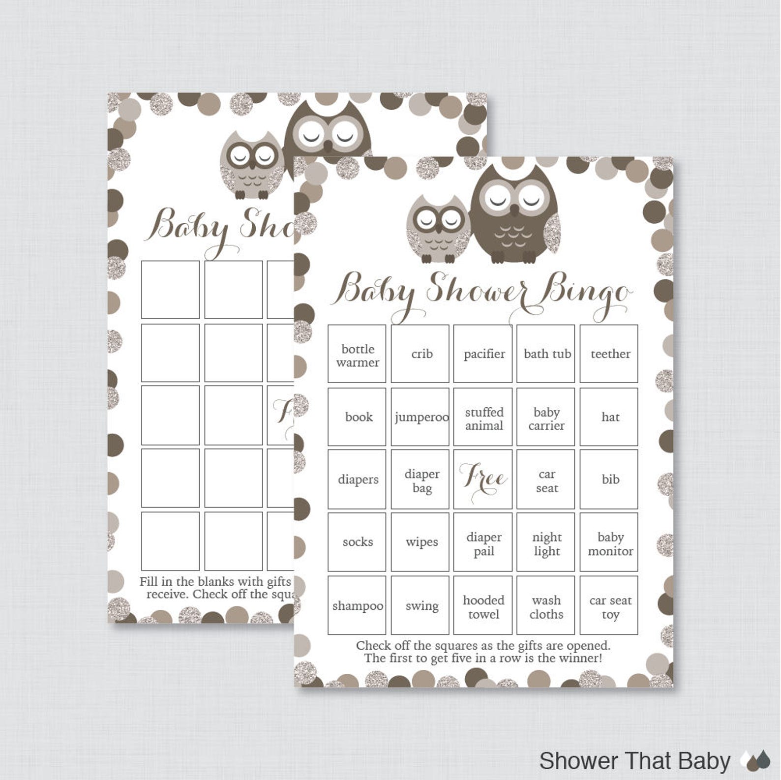 Brown Owl Baby Shower Games Package Seven Printable Games: | Etsy