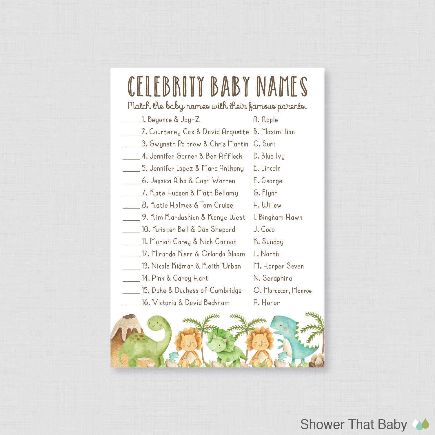 Dinosaur Celebrity Baby Shower Game - Dinosaur Themed Celebrity Baby ...