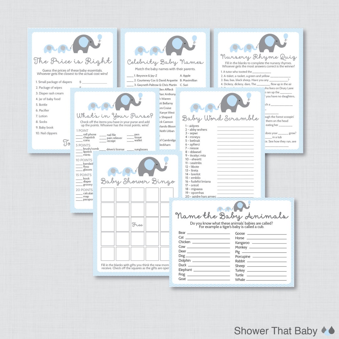Elephant Twins Baby Shower Games Package in Blue and Gray - Etsy