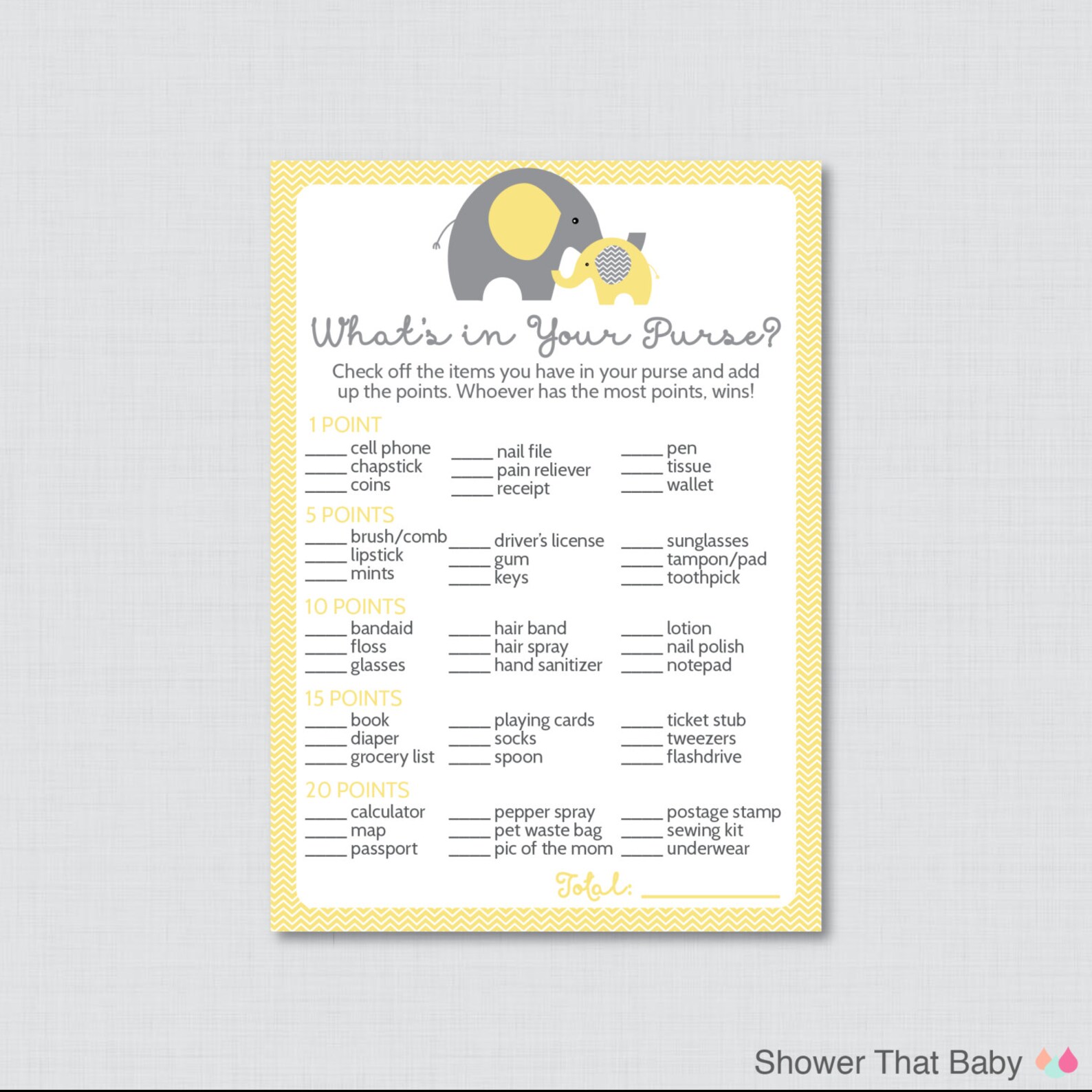 Elephant Baby Shower What's in Your Purse Game Printable - Etsy