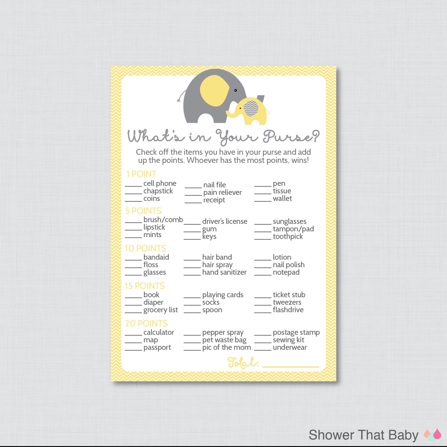 Elephant Baby Shower What's in Your Purse Game Printable - Etsy