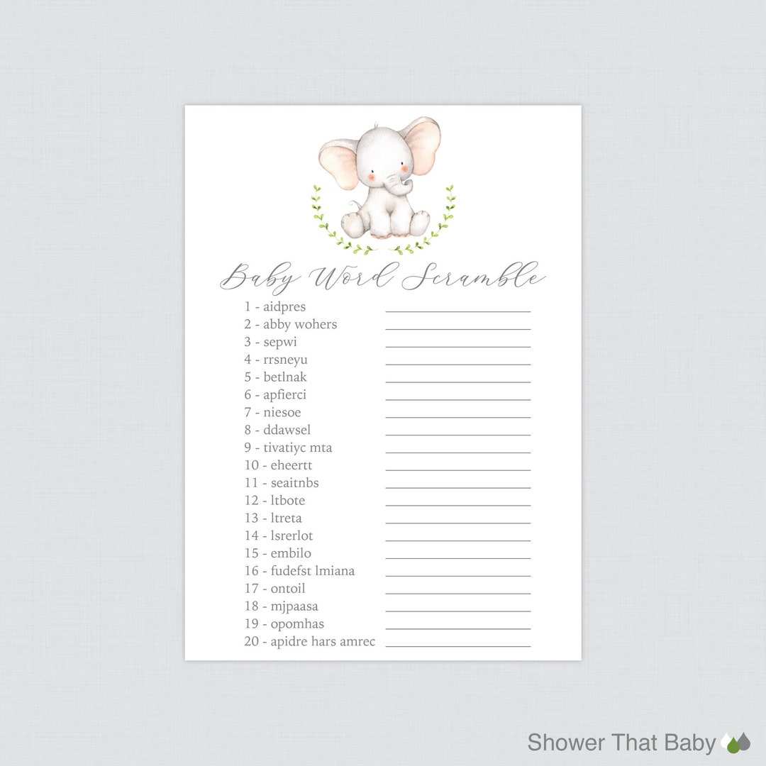 Watercolor Elephant Baby Shower Word Scramble Game Printable Instant ...