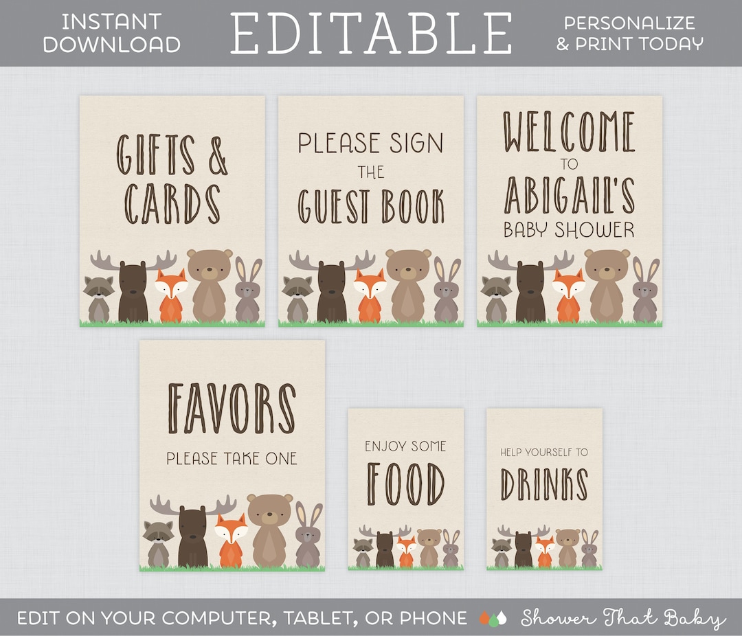 EDITABLE Woodland Baby Shower Signs Package - 8x10 AND 5x7" Sized ...