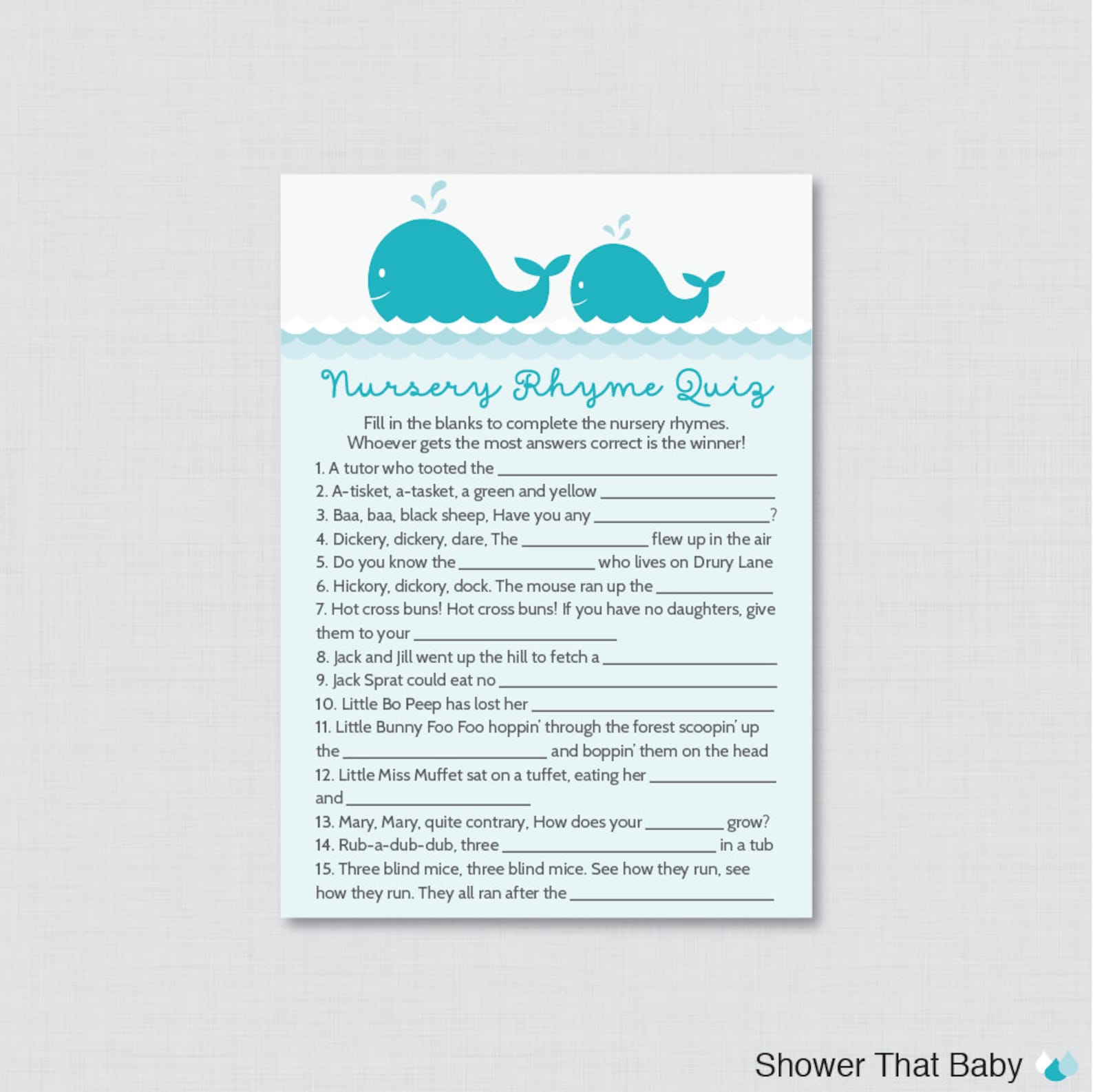 Whale Baby Shower Nursery Rhyme Quiz Game Printable Instant | Etsy