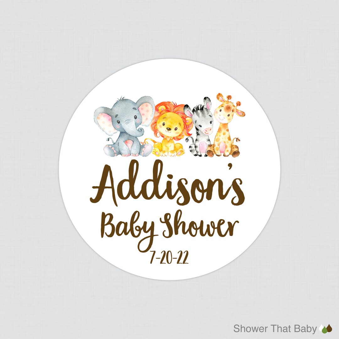 Printed Safari Baby Shower Stickers - Safari Animal Themed Baby Shower ...