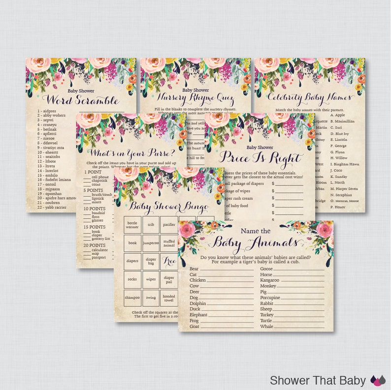 Floral Baby Shower Games Package - Seven Printable Games: Bingo, Price ...