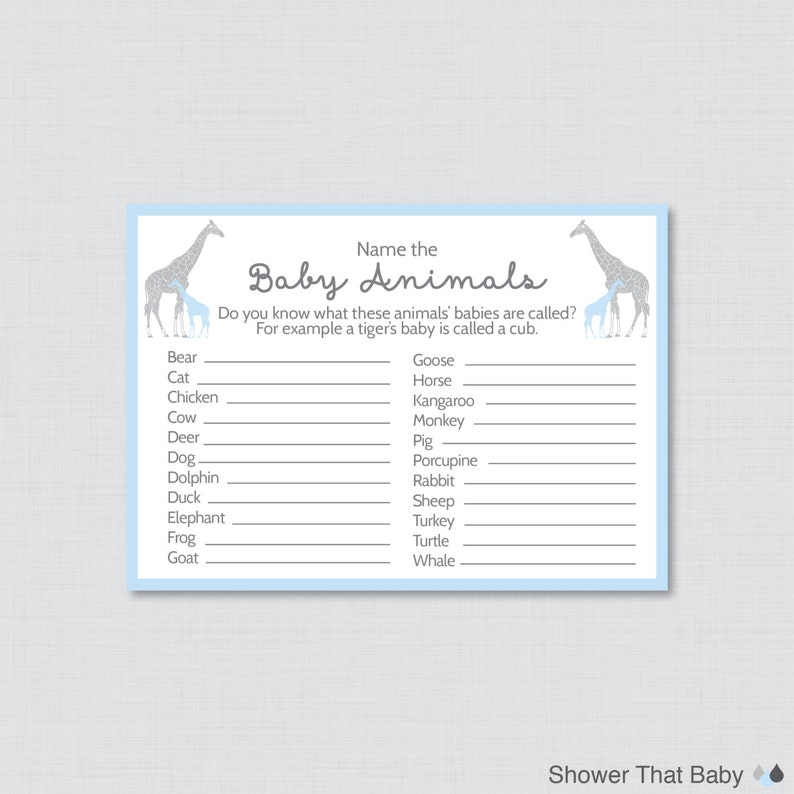 Giraffe Baby Shower Games Package in Blue and Gray - Seven Printable ...