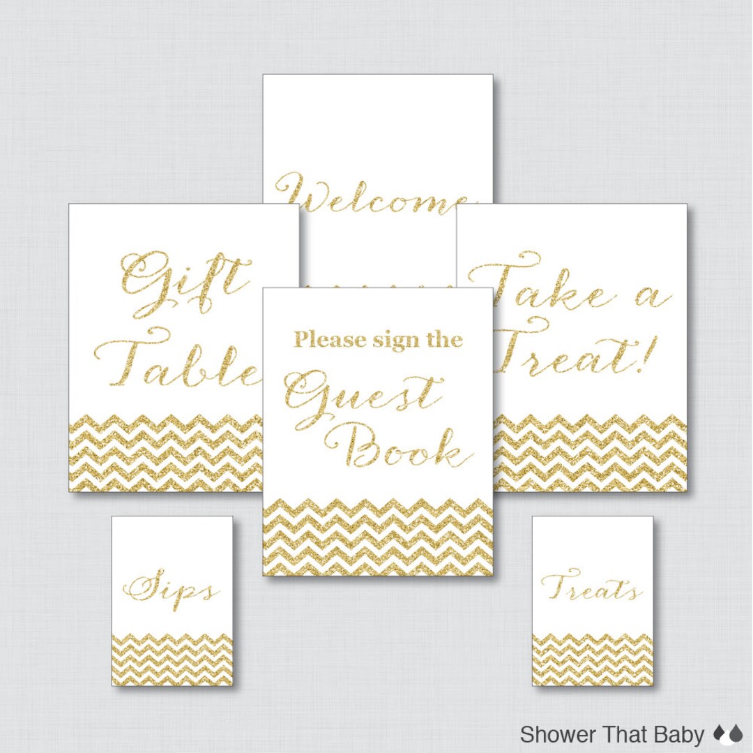 Printable Chevron Baby Shower Table Signs in Gold - SIX Signs! Welcome ...
