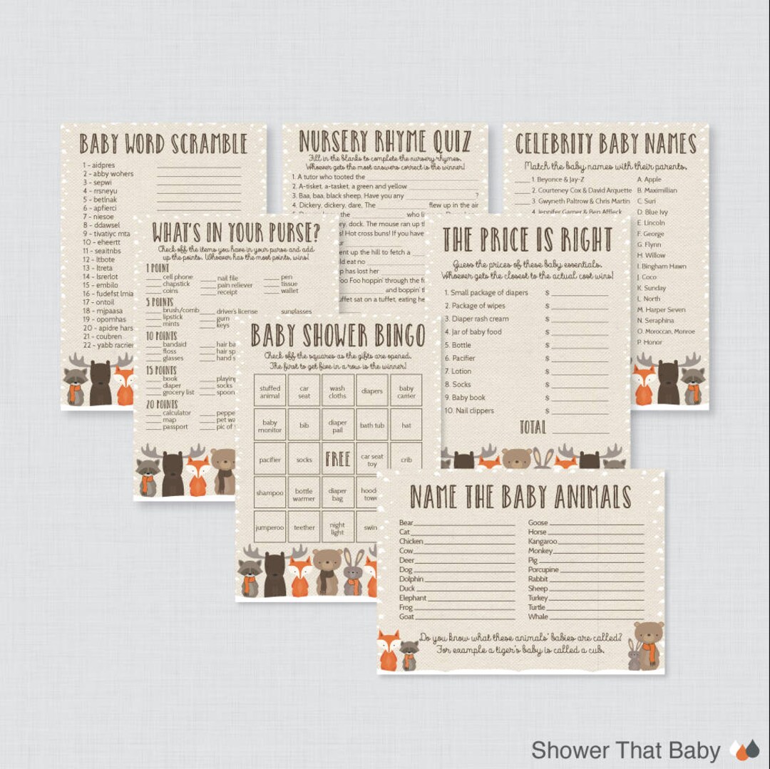 Winter Woodland Animal Baby Shower Games Package - Seven Printable ...