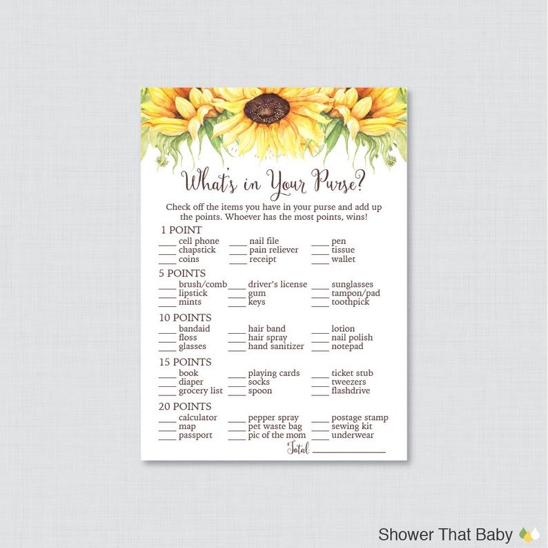 Sunflower Baby Shower What's in Your Purse Game - Etsy
