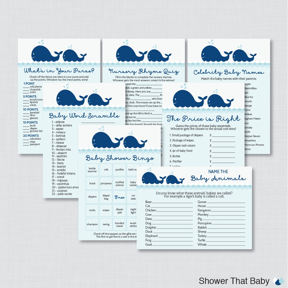 Whale Baby Shower Games Package - Seven Printable Games: Bingo, Price ...