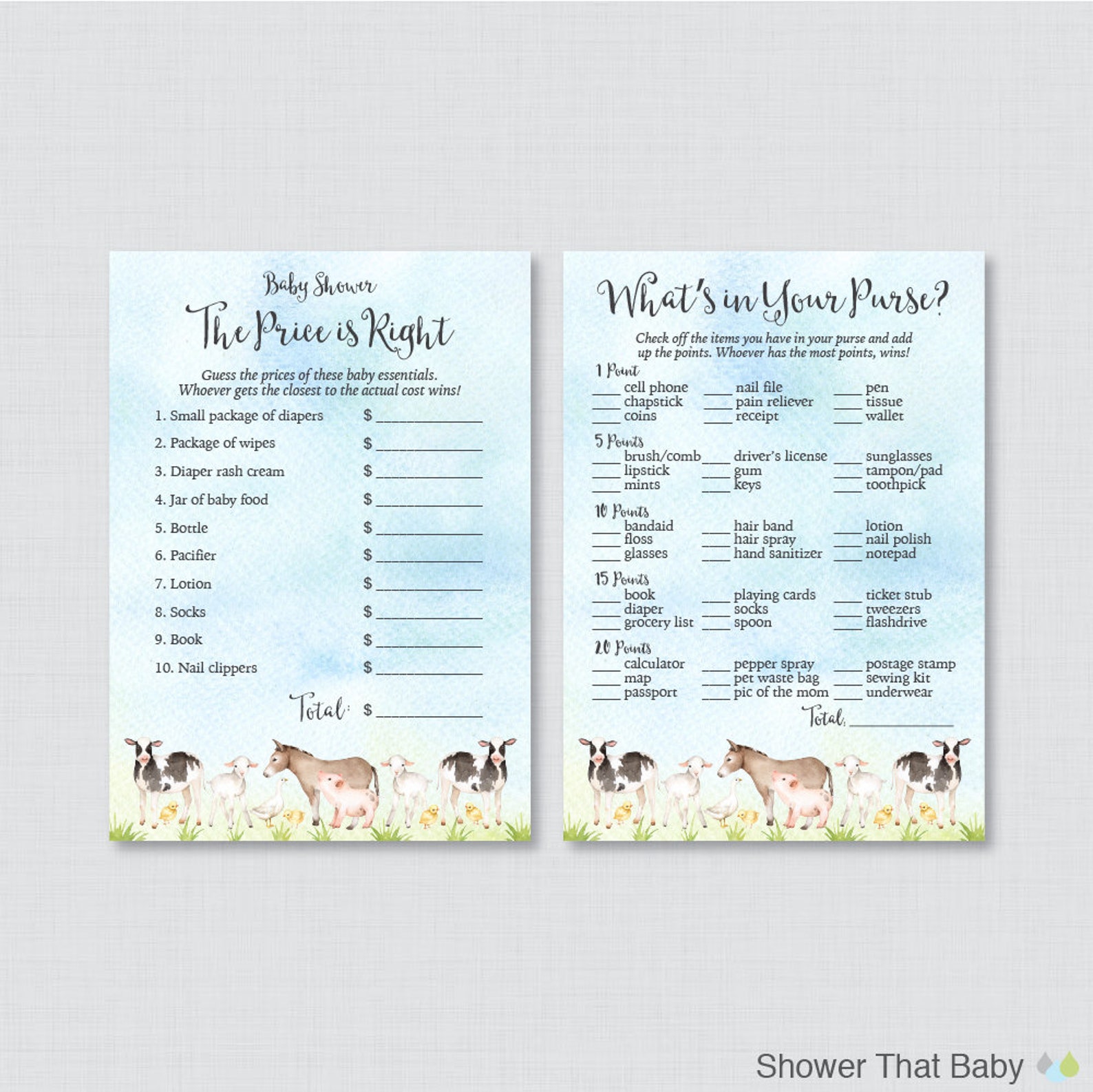 Farm Animal Baby Shower Games Package Seven Printable Games: - Etsy
