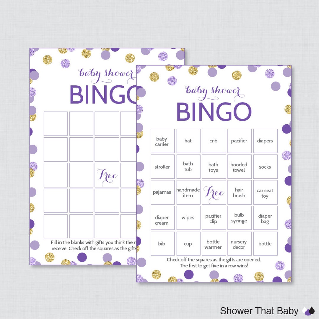 Purple and Gold Baby Shower Bingo Cards Printable - Printable Blank ...