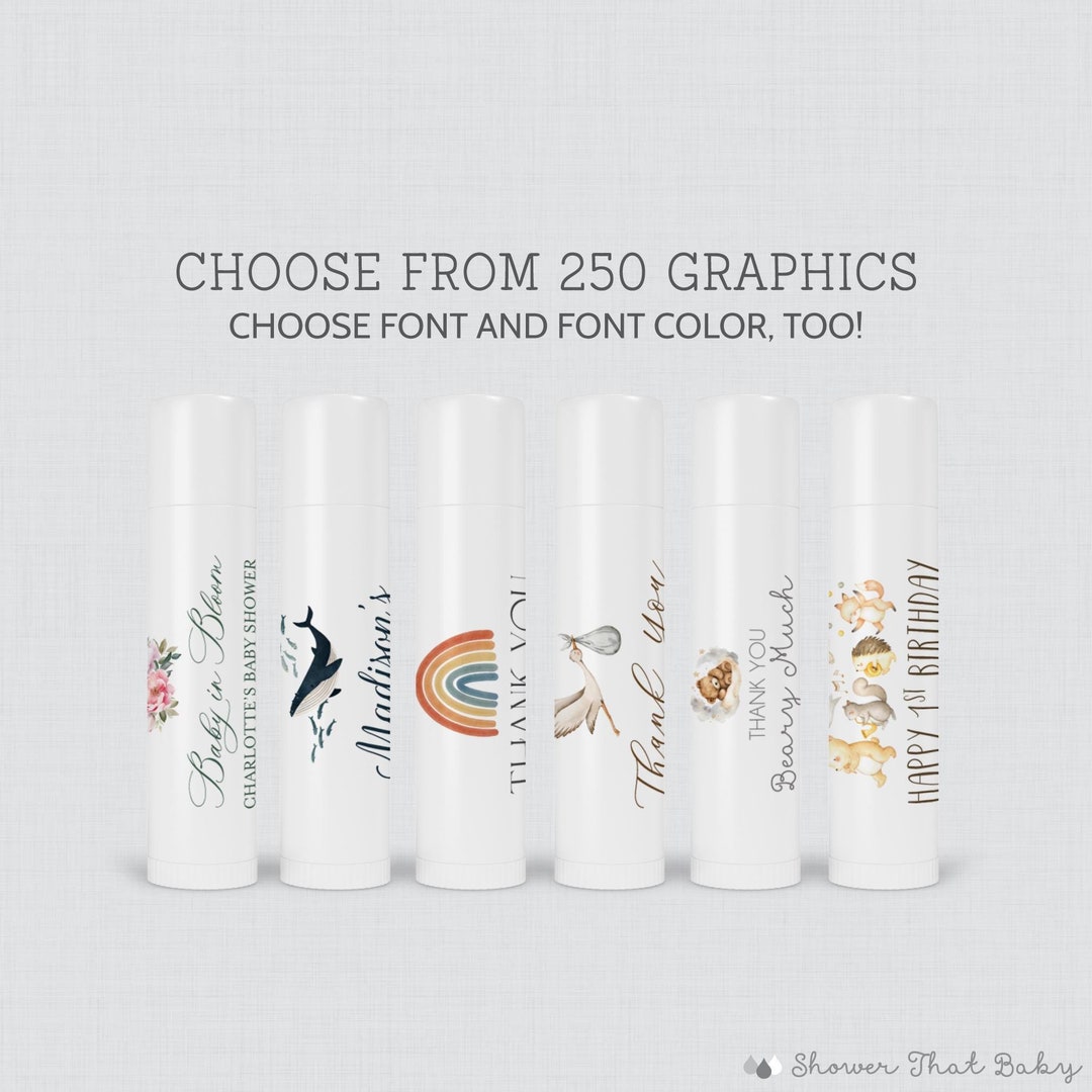 PRINTED Baby Shower Lip Balm Labels - Choose Your Graphic, Font, & Font ...