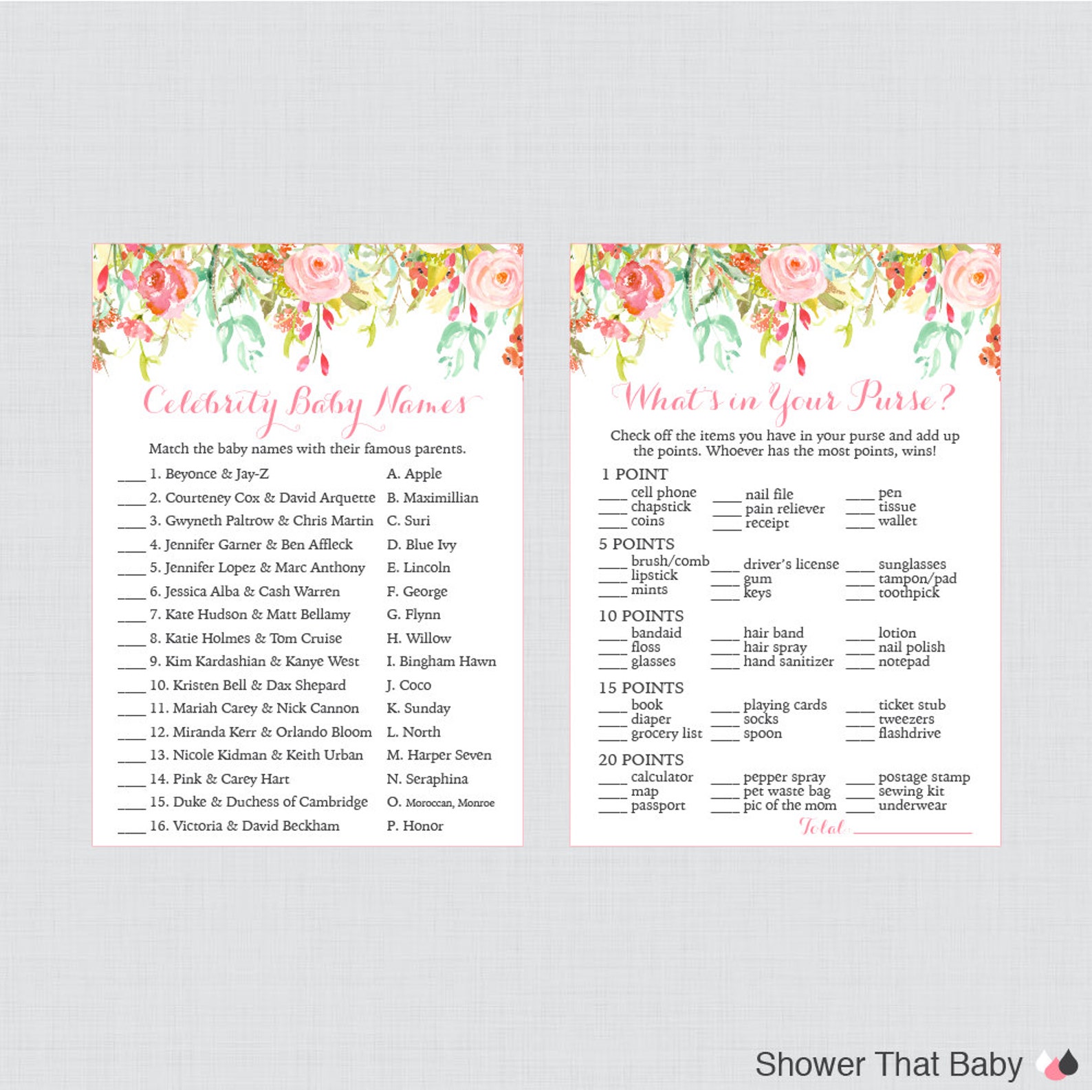 Floral Baby Shower Games Package Seven Printable Games: - Etsy