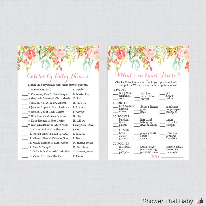 Floral Baby Shower Games Package - Seven Printable Games: Bingo, Price ...