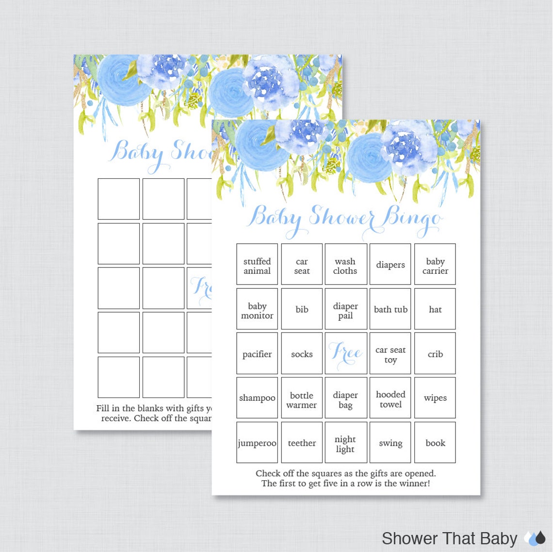 Blue Floral Baby Shower Games Package - Seven Printable Games: Bingo ...