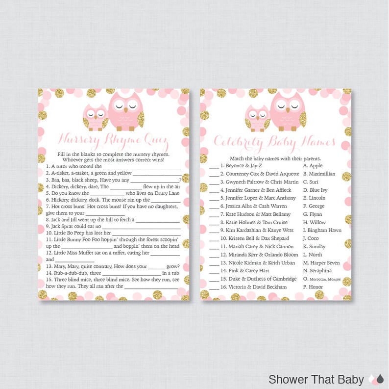 Pink and Gold Owl Baby Shower Games Package - Seven Printable Games ...