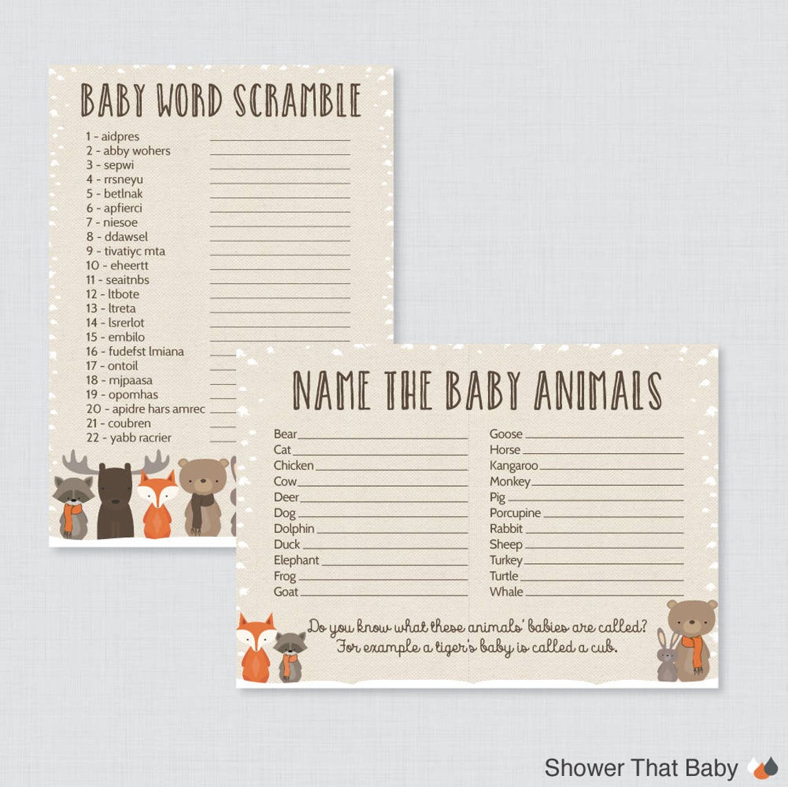 Winter Woodland Animal Baby Shower Games Package Seven | Etsy