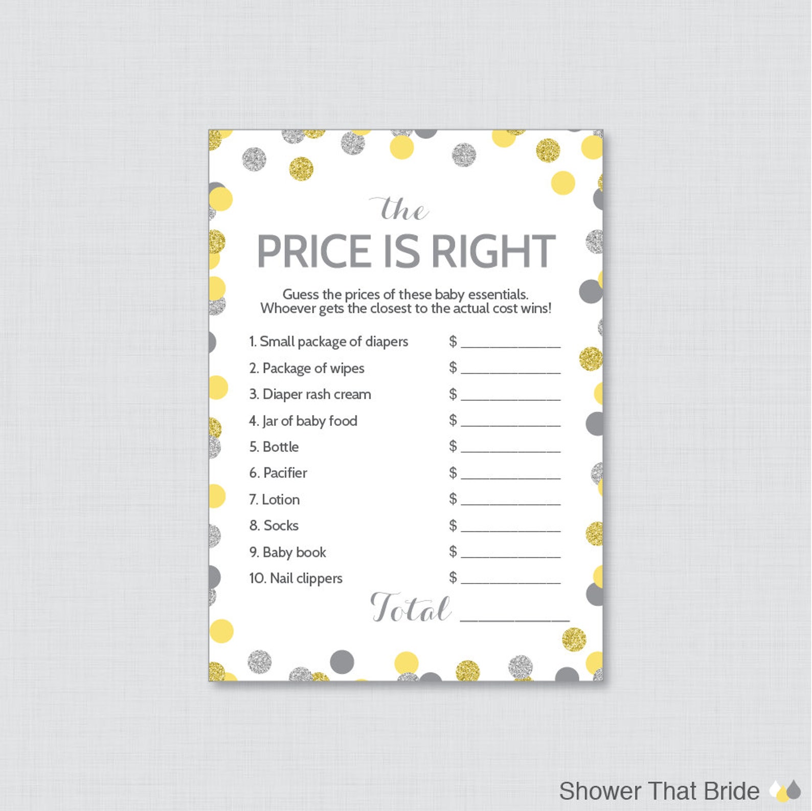 Yellow and Gray Baby Shower Price is Right Game Printable - Etsy