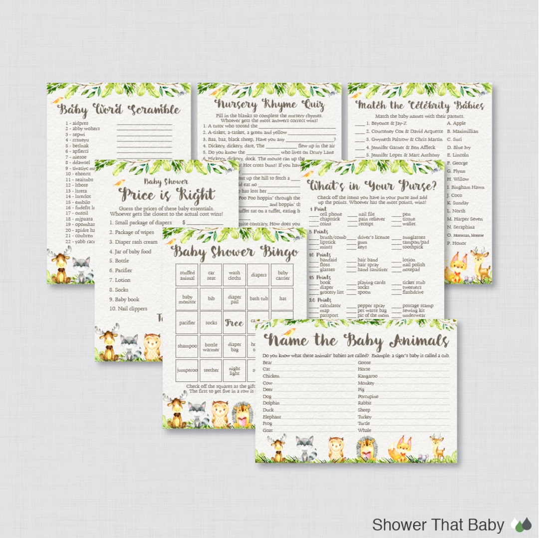 Woodland Animal Baby Shower Games Package - Seven Printable Games ...