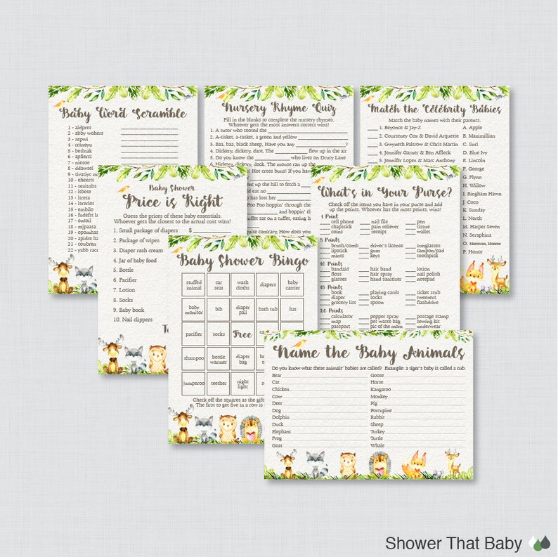 Woodland Animal Baby Shower Games Package Seven Printable - Etsy