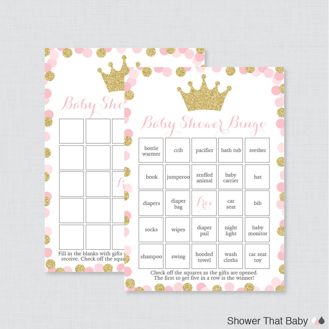 Pink and Gold Princess Baby Shower Bingo Cards - Printable Blank Bingo ...
