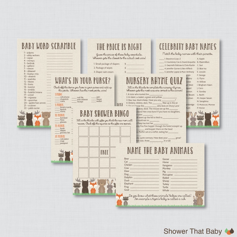 Woodland Baby Shower Games Package Seven Printable Games | Etsy Canada