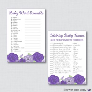 Purple Flowers Baby Shower Games Package - Seven Printable Games: Bingo ...