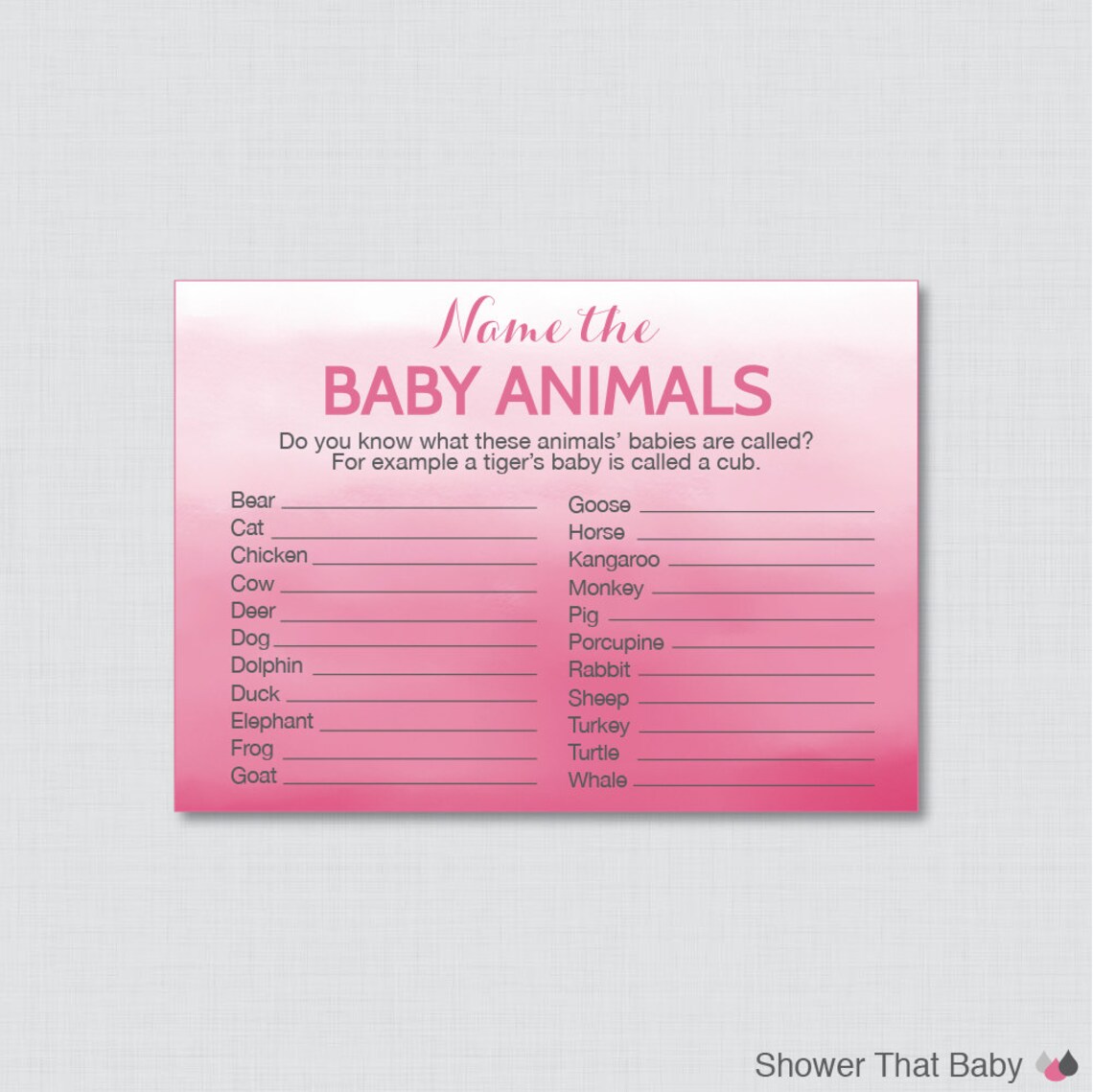 Pink Baby Animals Name Game Baby Shower Printable Baby Shower | Etsy